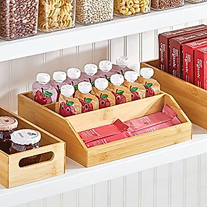 mDesign Wide Bamboo Wood Food Storage Bin with Divided 3 Compartments and Sloped Front for Kitchen Cabinet, Pantry, Shelf to Organize Seasoning Packets, Powder Mixes, Spices, Snacks - Natural
