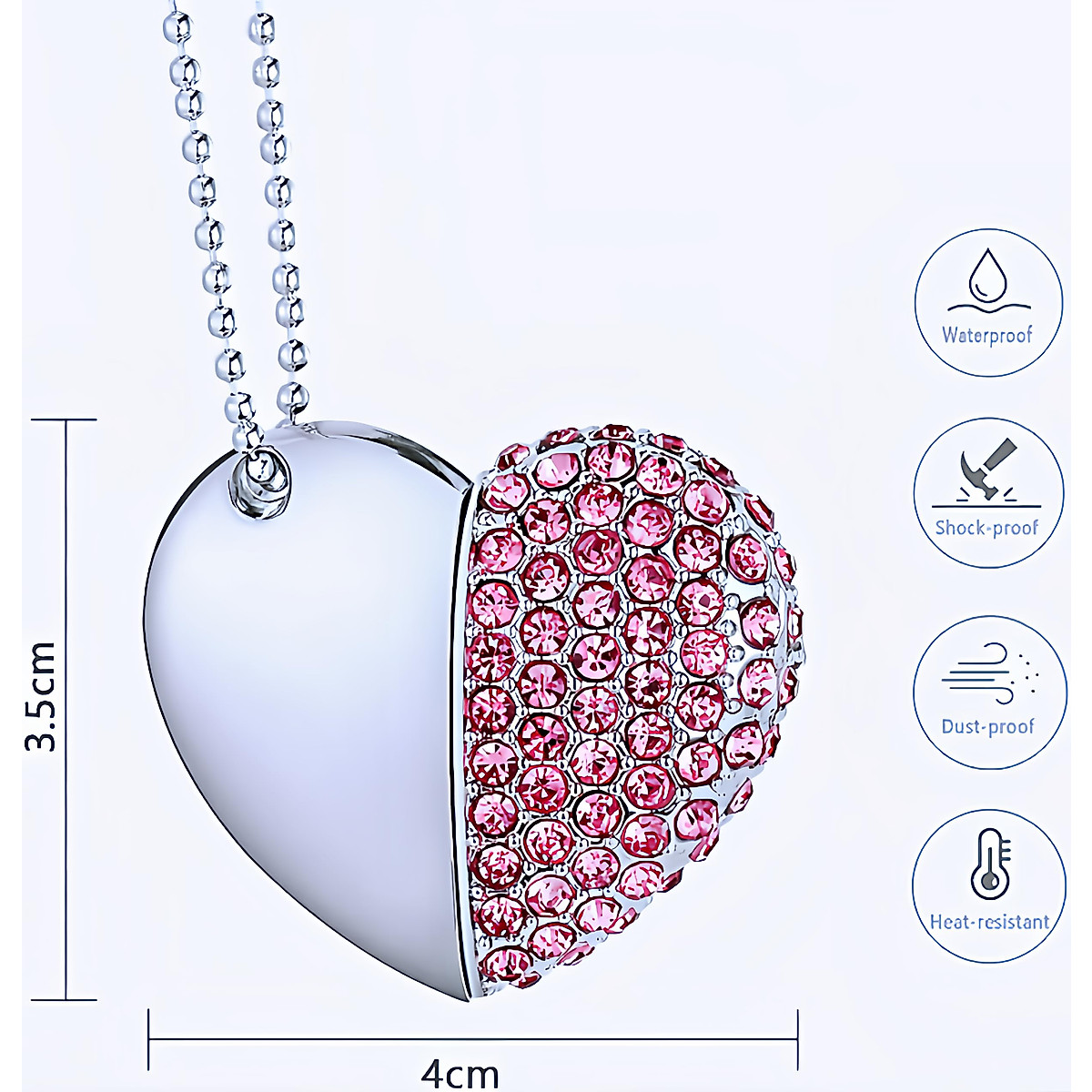 EcooDisk 64GB USB 3.0 Flash Drive Diamond Heart with Necklace Memory Stick High Speed Data Storage Pink