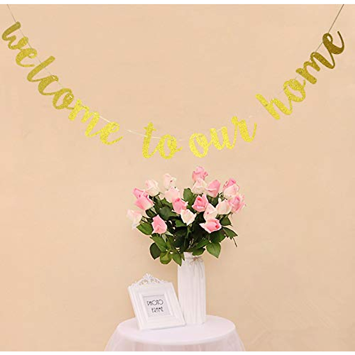 Starsgarden Glitter Gold Welcome to Our Home Banner for Housewarming Patriotic Military Decoration Family Party Supplies Cursive Bunting Photo Booth Props Sign(Gold Welcome Home)