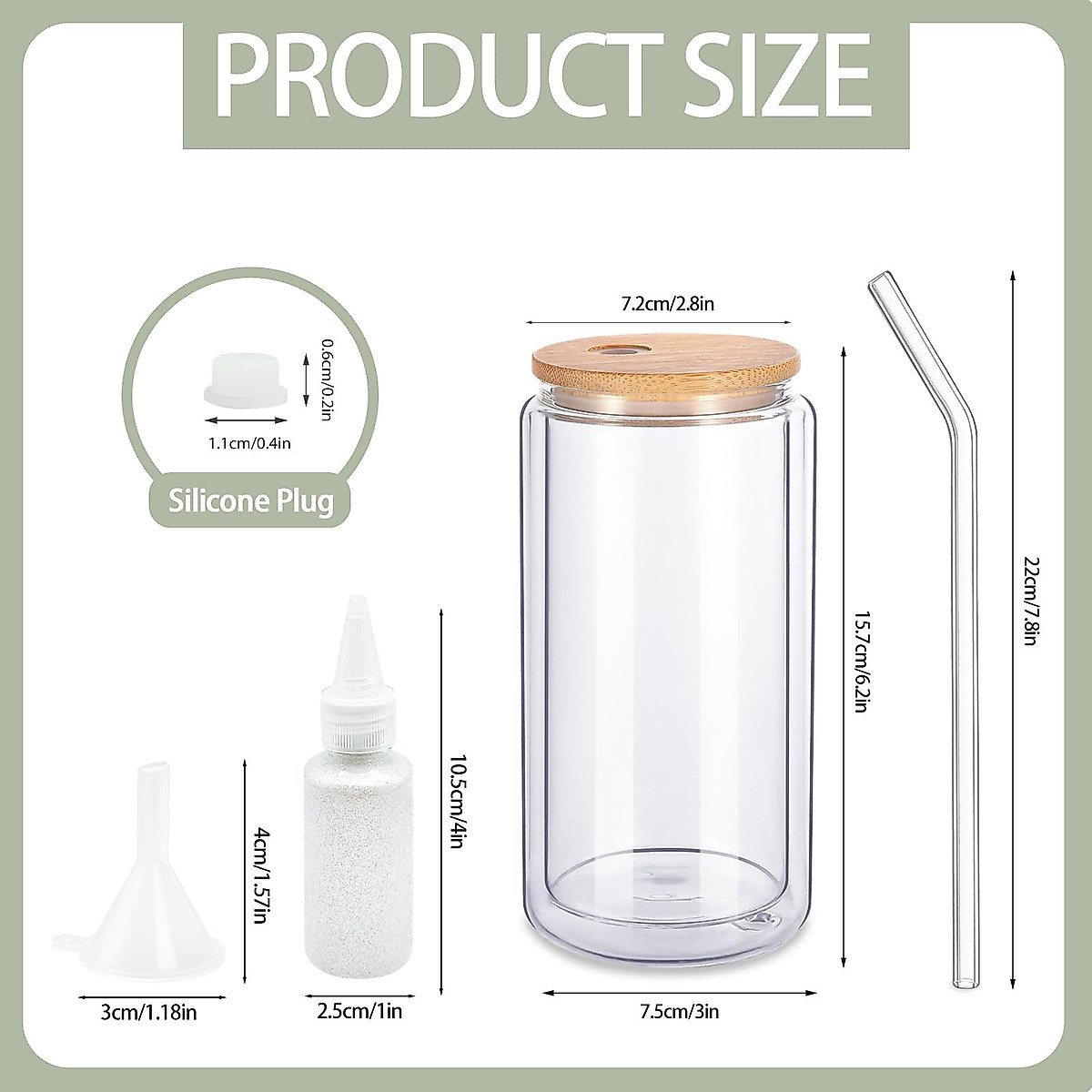 WHEATHUSK 8 Pack Pre Drilled Double Wall Beer Glass Can Shaped Blank Tumblers with Rubber Stopper & Funnel Bamboo Lid & Glass Straws for Snow Globe Glitter DIY 12oz
