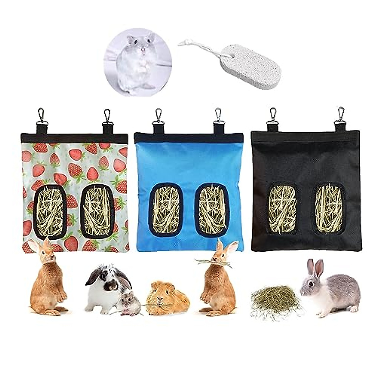 Rabbit Hay Feeder Bag, 2 Holes Hay Hanging Feeder Storage for Rabbit Guinea Pig Chinchilla, 600D Oxford Cloth Fabric with 1 Molar Stone (Black&Blue&Strawberry)
