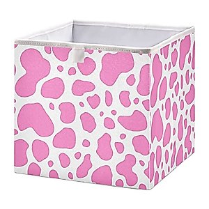xigua Pink Cow Print Cube Storage Bins Organizer - 11x11x11 Inch Foldable Fabric Storage Baskets with Dual Handles for Closet Room Storage Room Shelves (1PACK)