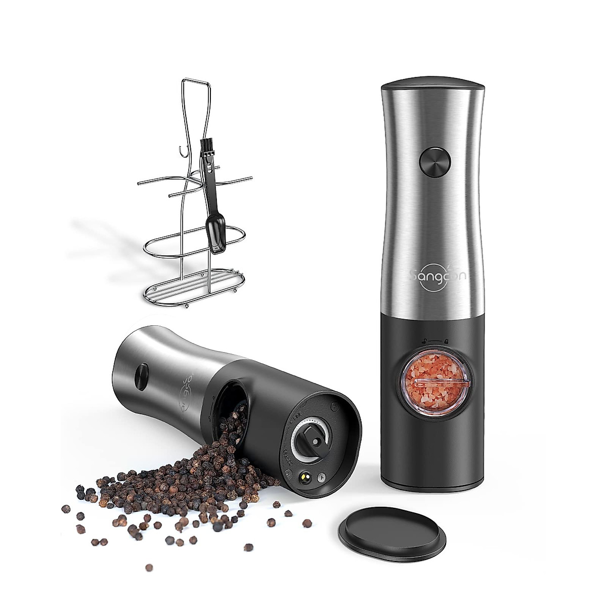Sangcon Electric Salt and Pepper Grinder Set, Automatic Pepper Mills with LED Light, Battery Powered Salt and Pepper Shakers with Stand, Adjustable Coarseness, One-Handed Operation, Stainless Steel