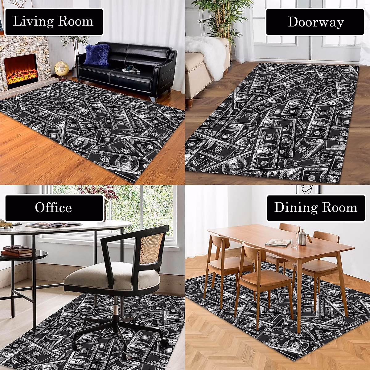 DVKKHD 100 Dollar Bill Area Rug 4x6 Black and White Living Room Rugs Non Skid Modern Money Carpet for Bedroom Cash Art Cool Rugs Room Decorations Office Entryway Dining Room Washable Rug 47”x71”