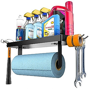 ZUNTO Garage Paper Towel Holder with Shelf - Paper Towel Holder Wall Mount, Garage Organization and Storage, Stainless Steel Paper Towel Rack with Hooks for Kitchen (Black)