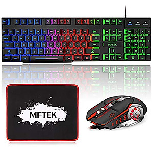 MFTEK Gaming Keyboard and Mouse Combo with Large Mouse Pad, RGB Rainbow Backlit Gaming Keyboard and Illuminated Gaming Mouse, USB Wired Set for Computer PC Gamer Laptop Office Work