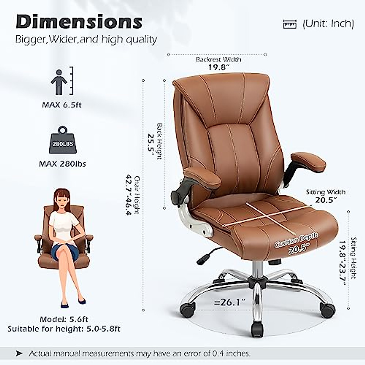 SEATZONE Executive Home Office Chair High Back PU Leather with Flip-up Armrests Adjustable Height and Lumbar Support, Comfortable Computer Chair for Adults, Red-Brown