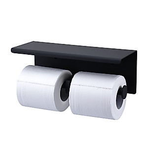 SCDGRW Matte Black Toilet Paper Holder with Shelf, 304 Stainless Steel Toilet Paper Holder Wall Mounted, Double Roll Tissue Holder Dispenser Bathroom Toilet Paper Holder