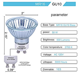 50 Watt GU10 Halogen Bulb, MR16 GU10 Base 120-Volt Light Bulb, Halogen 50W 120V MR16 Flood Light Bulbs,3-Pack