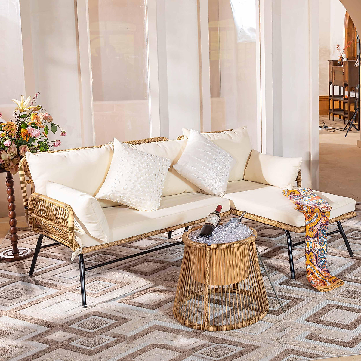 NICESOUL® 7 Pcs Boho Outdoor Patio Furniture Sofa Set with Egg Chair, L-Shaped Lounge Chair with Beige Cushions, Wicker Conversation Set with Ice Bucket for Garden Balcony Deck Bohemian Cream Color