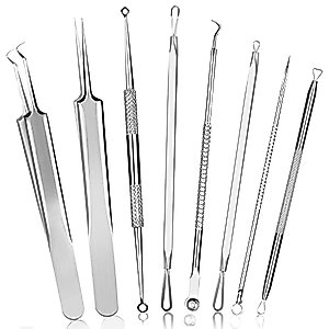 Fluco Blackhead Remover Pimple Popper Tool Kit, 8pcs Blackhead Comedone Extractor Tool for Nose Face, Blemish Whitehead Extraction Popping, Stainless Silver