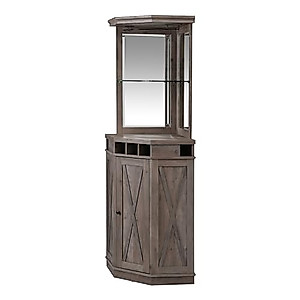 Home Source 73" Tall Corner Storage Cabinet with Wood Doors, Wine Rack, Liquor Glass Holder, Glass Design Large Rustic Bar Hutch for Living Room, Home Office, Kitchen, Small Space, Stone Grey