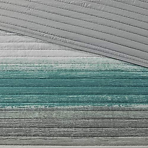 Madison Park Essentials Saben Cozy Bed in A Bag Reversible Quilt with Complete Cotton Sheet Set-Geometric Design All Season Cover, Decorative Pillow, King(104"x92"), Stripes Aqua 8 Piece