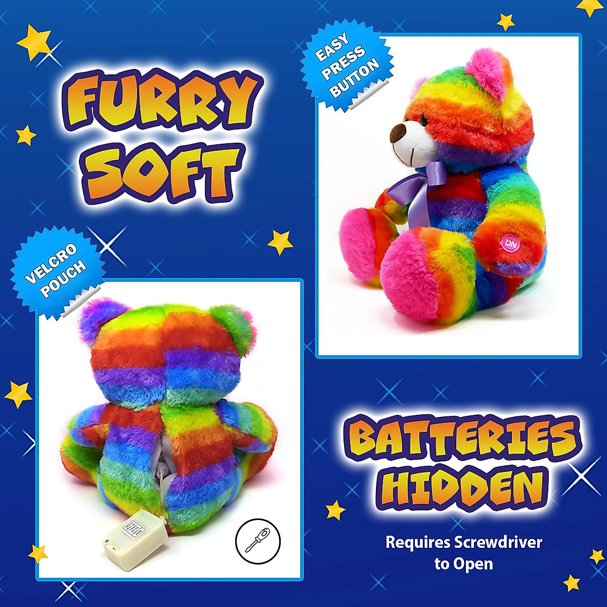 The Noodley Rainbow Lites Light Up Teddy Bear Stuffed Animal Plush LED Night Light Sleep Toy for Girls (16 inch, Batteries Included)