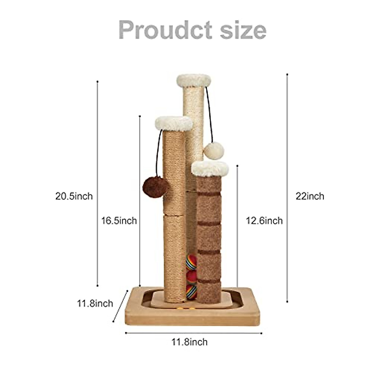 Cat Scratching Post Premium Natural Sisal Jute Carpet 3 Scratch Posts with Interactive Track Ball Base and Hanging Balls Toys Tall Kitten Scratcher for Indoor Kittens and Small Cats
