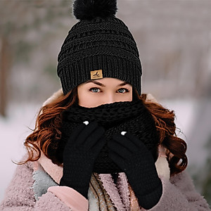 Winter Beanie Hat Scarf Gloves Set, Soft Warm Knit Hat Warm Touchscreen Gloves Neck Warmer Thick Knitted Scarves for Women Black