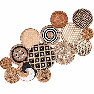 Set of 14 Boho Wall Basket Decor Round Flat Bamboo Rattan Basket Decorative Hanging Woven Basket with Macrame Tassels Handmade Wall Tapestry for Bedroom Living Room Kitchen Farmhouse Crafts