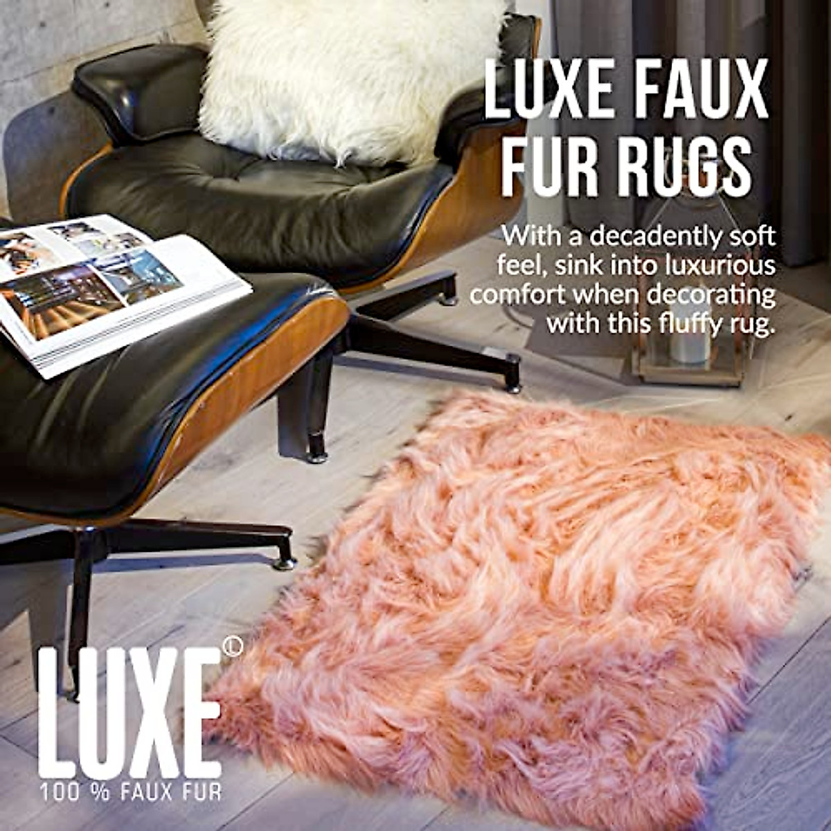 Luxe Faux Fur Hudson Rug with Soft and Fluffy Pile | Machine Washable Living Room Rug with Anti-Slip Backing | Cruelty-Free Area Rugs for Office or Bedroom, Dusty Rose, 3 ft x 5 ft