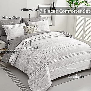 Boho Comforter Set Queen,7 Pieces Bed in a Bag White Grey Comforter Geometric Bedding Set Bohemian Soft Microfiber Queen Size(1 Comforter,2 Pillowcases,1 Flat Sheet,1 Fitted Sheet,2 Pillow Shams)