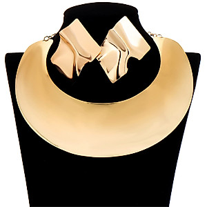 Punk Chunky African Choker Collar Necklace Drop Dangle Earrings Set 14K Gold Silver Plated Exaggerated Gothic Thick Statement Necklace for Women Hip Hop Jewelry Gift-A gold