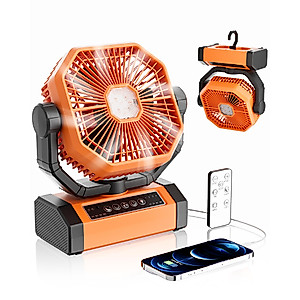 MORIKO 20000mAh Camping Fan with LED Light, Rechargeable Battery Operated Fan with Remote & Hook, 270° Pivot, 4 Powerful Speeds, Quiet Portable Outdoor Fan for Tent Picnic, Beach, BBQ, Jobsite