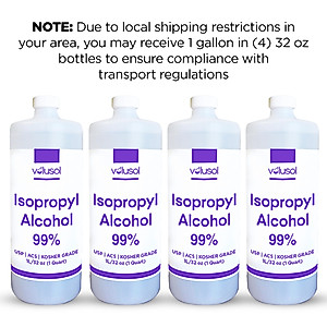 Volu-Sol Isopropyl Alcohol 99% (Isopropanol) - High Purity, USP - Kosher Grade IPA - 1 Gallon (128 oz) (4 Quarts) (4 Pack 32 oz) for Medical, Lab Equipment & Electronics, Clear Bottle