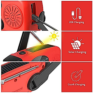 iRonsnow Solar Emergency Hand Crank Weather Radio, Portable Self Powered NOAA AM/FM Radios with SOS Alarm LED Flashlight 2000mAh Power Bank Smart Phone USB Charger for Camping (Red)