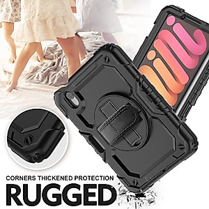 Blosomeet iPad Mini 6 Case 8.3" 2021 with Tempered Glass Screen Protector Pencil Holder [360 Rotating Hand Strap] &Stand, Heavy Duty Case for iPad Mini 6th Generation | Black