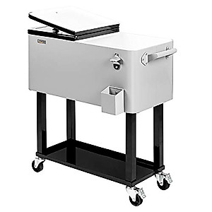 VINGLI 80 Quart Rolling Ice Chest, Portable Patio Party Bar Drink Cooler Cart, with Shelf, Beverage Pool with Bottle Opener,Grey