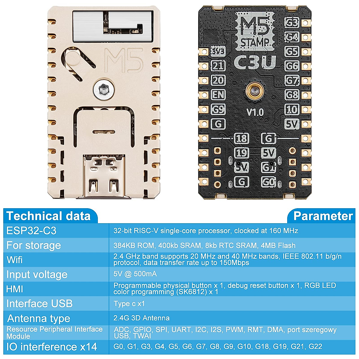 MakerFocus M5Stack M5Stamp C3U Development Kit: 2pcs ESP32-C3 Wi-Fi IoT Development Board Microcontroller for Industrial, Smart Home, wearables, DIY Supports Ar duino ESP32-IDF