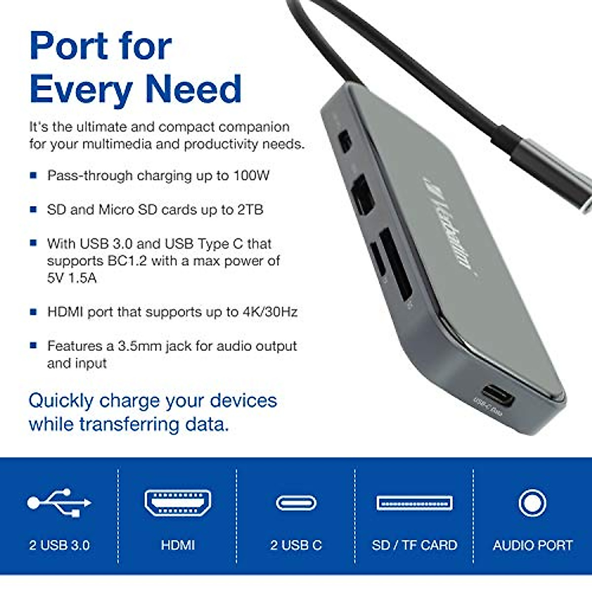 Verbatim 8-in-1 USB C Hub Adapter - 100W Power Delivery, 2 USB 3.0 Ports, 1 USB C, SD Card Readers, 3.5mm Audio Port for USB C Laptops + 6FT Monster 4K Ultra HDMI Cable