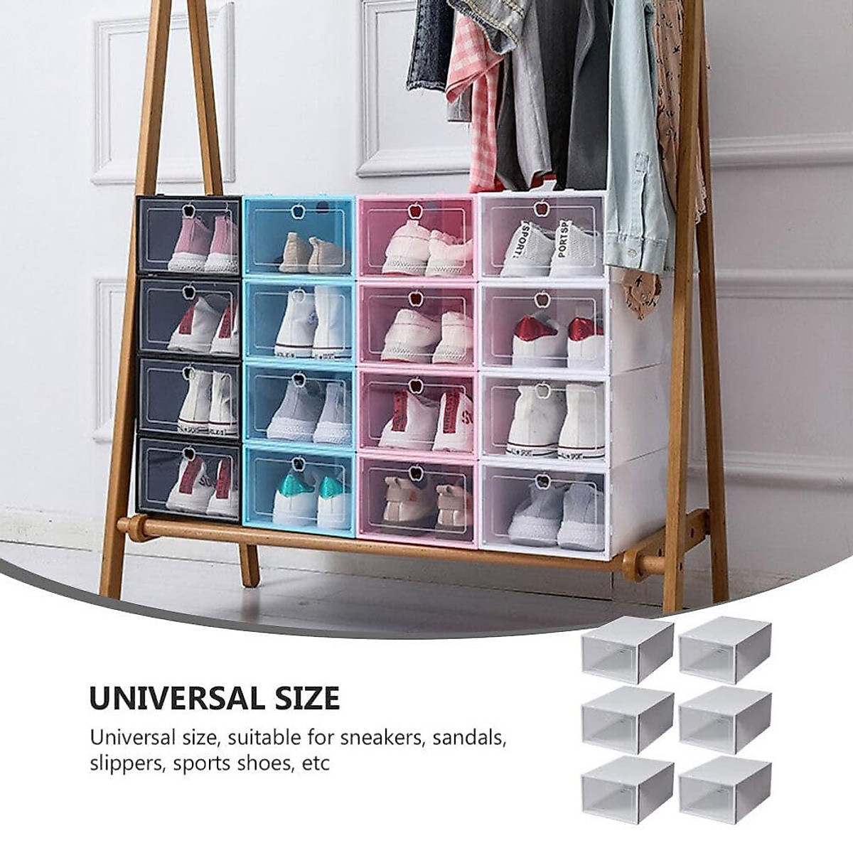 Hemoton Clear Shoe Organizer Plastic Shoe Box with Clear Door, 6pcs Plastic Stackable Shoe Organizer for Closet, Space Saving Foldable Shoe Rack Sneaker Container Bin Holder