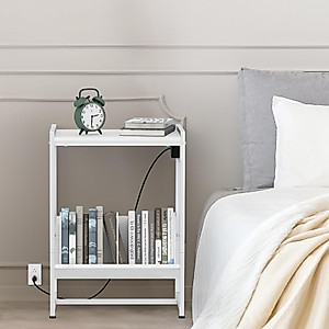 CADUKE White Record Player Stand with Vinyl Storage Turntable Stand with Record Storage 2 Tier Modern Vinyl Record Table Stand End Table with Charging Station for Living Room Bedroom