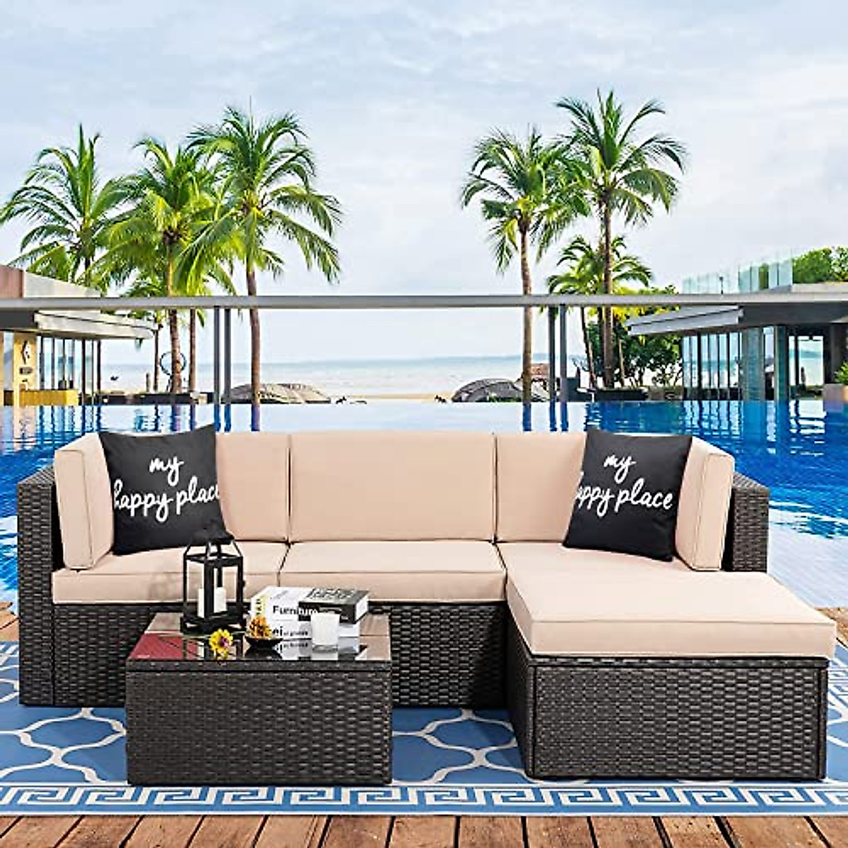 Black and White Outdoor Pillows 18x18 Inch Decorative Waterproof Throw Pillow Covers with My Happy Place for Patio Furniture Couch Tent Park Set of 2,Black