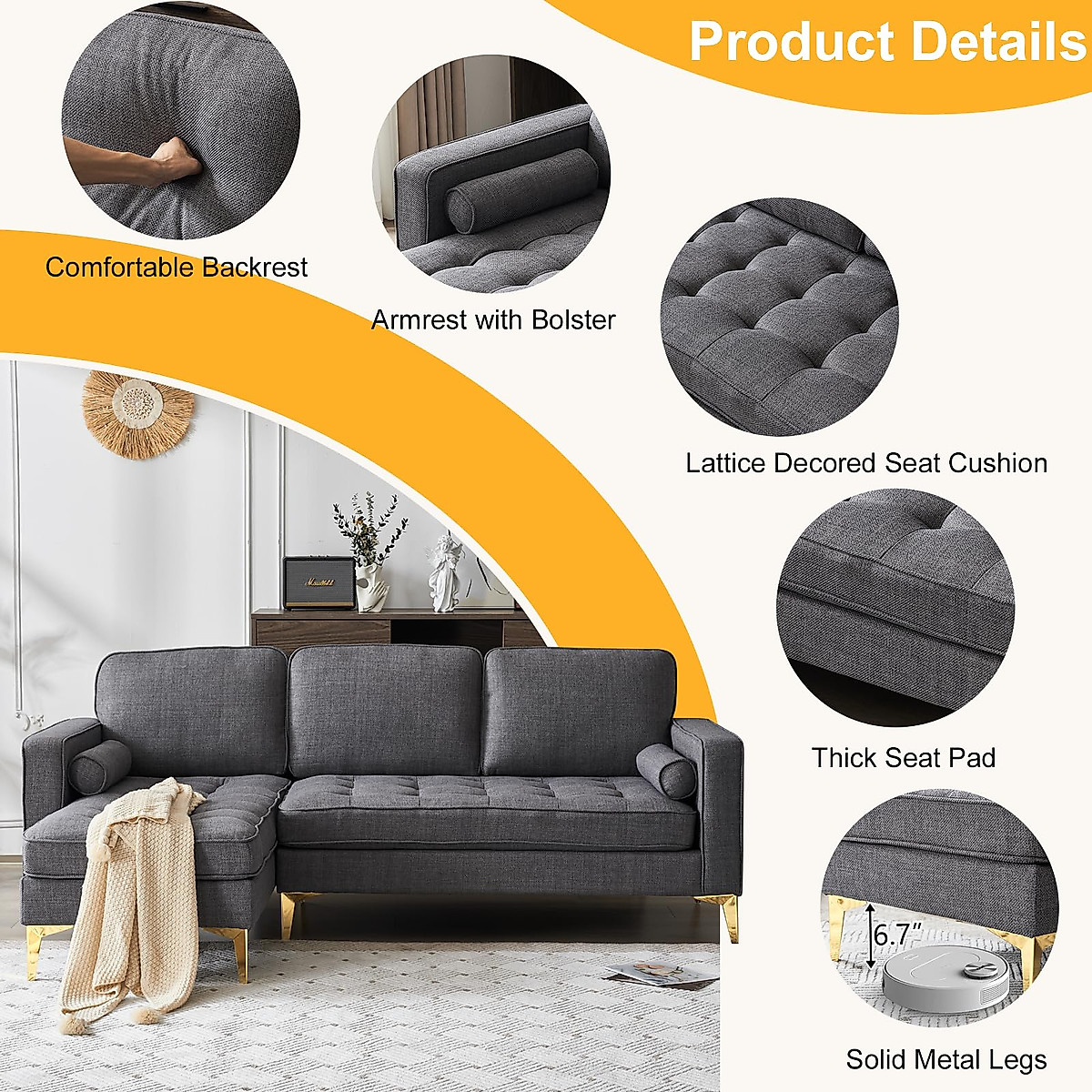 Karl home L-Shape Sectional Sofa Linen Fabric Sofa Couch Living Room Futon Couch with Reversible Chaise, Lattice Decored Seat Cushion, Dark Gray