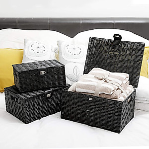 Honygebia Black Wicker Storage Baskets - Set of 3 Decorative Nesting Boxes with Lids, Woven Basket with Lock & Handle, Organizer for Beauty Makeup Bathroom Decor