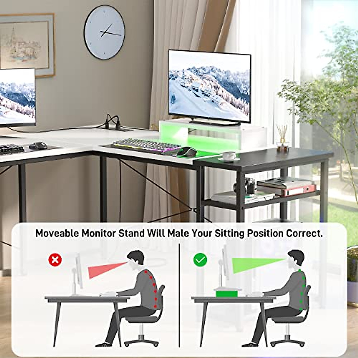 Cyclysio L Shaped Desk with Power Outlets and USB Ports, Reversible L Shaped Gaming Computer Desk with LED Light, 83.5'' Large 2 Person Desk with Monitor Stand, L-Shaped Corner Desk, White and Black