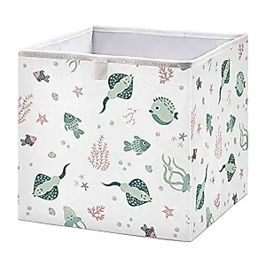 Kigai Marine Fish Sea Animals Fabric Storage Bin 11" x 11" x 11" Cube Baskets Collapsible Store Basket Bins for Home Closet Bedroom Drawers Organizers