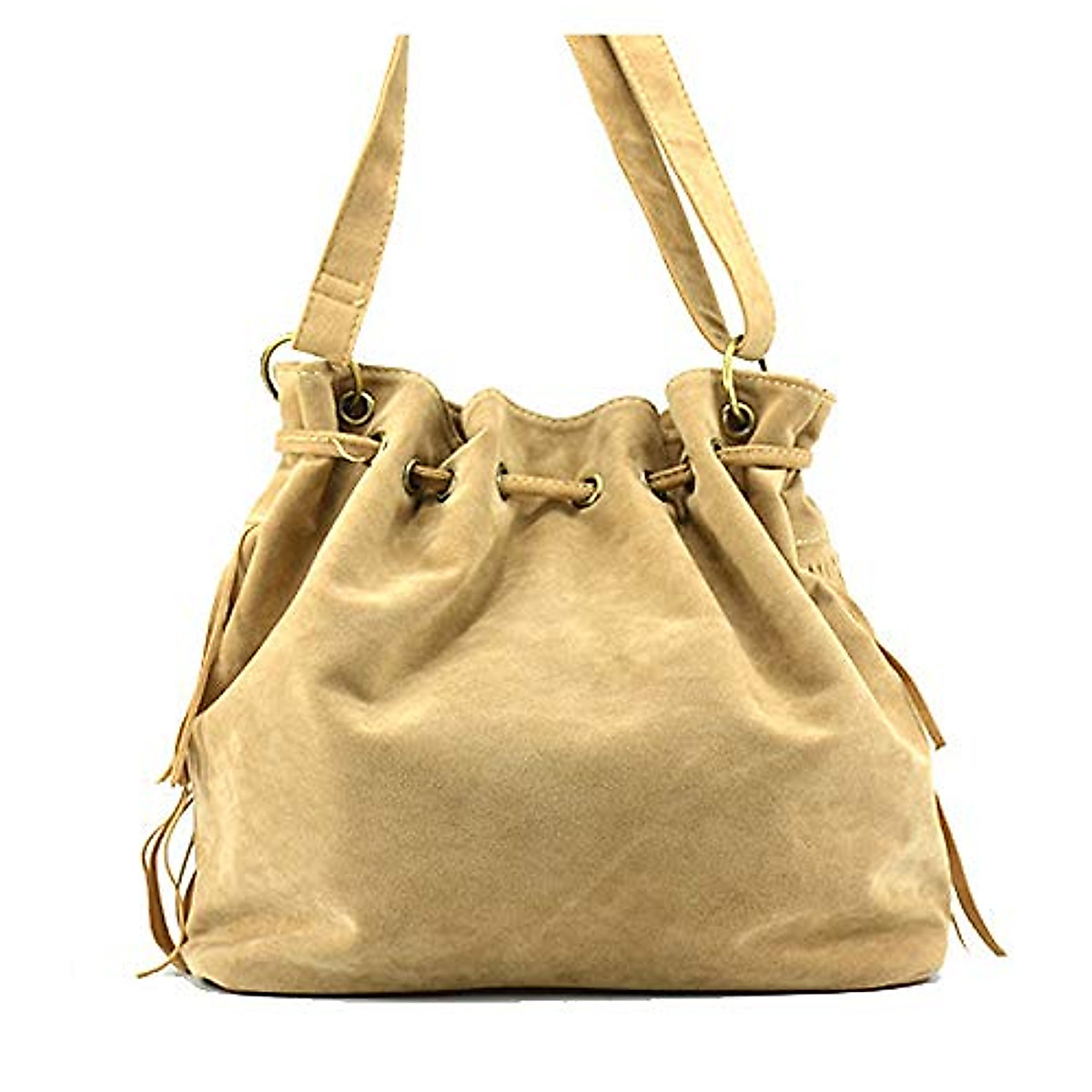 Heidi Women's Fringed Bucket Purse Tassel Faux Suede Shoulder Bag Ring Top-Handle Crossbody Bag Apricot