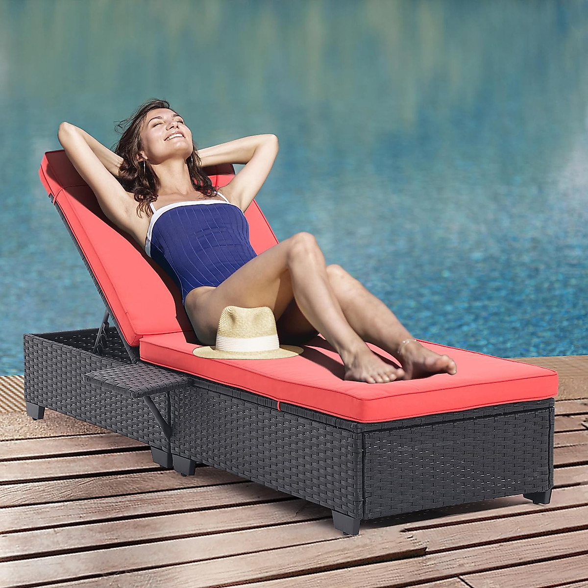 Chaise Lounge Chairs for Outside, 5-Speed Adjustable Patio PE Rattan Lounge Chairs with Cup Holder and Cushions, Outdoor Reclining Chair Set of 2 for Poolside Beach Yard (Orange Red)