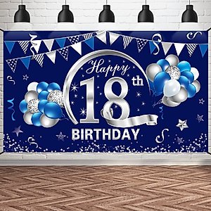 Blue Silver 18th Birthday Banner Decorations for Men Boy - Happy 18 Birthday Backdrop Party Supplies - Eighteen Birthday Poster Photo Props Background Sign