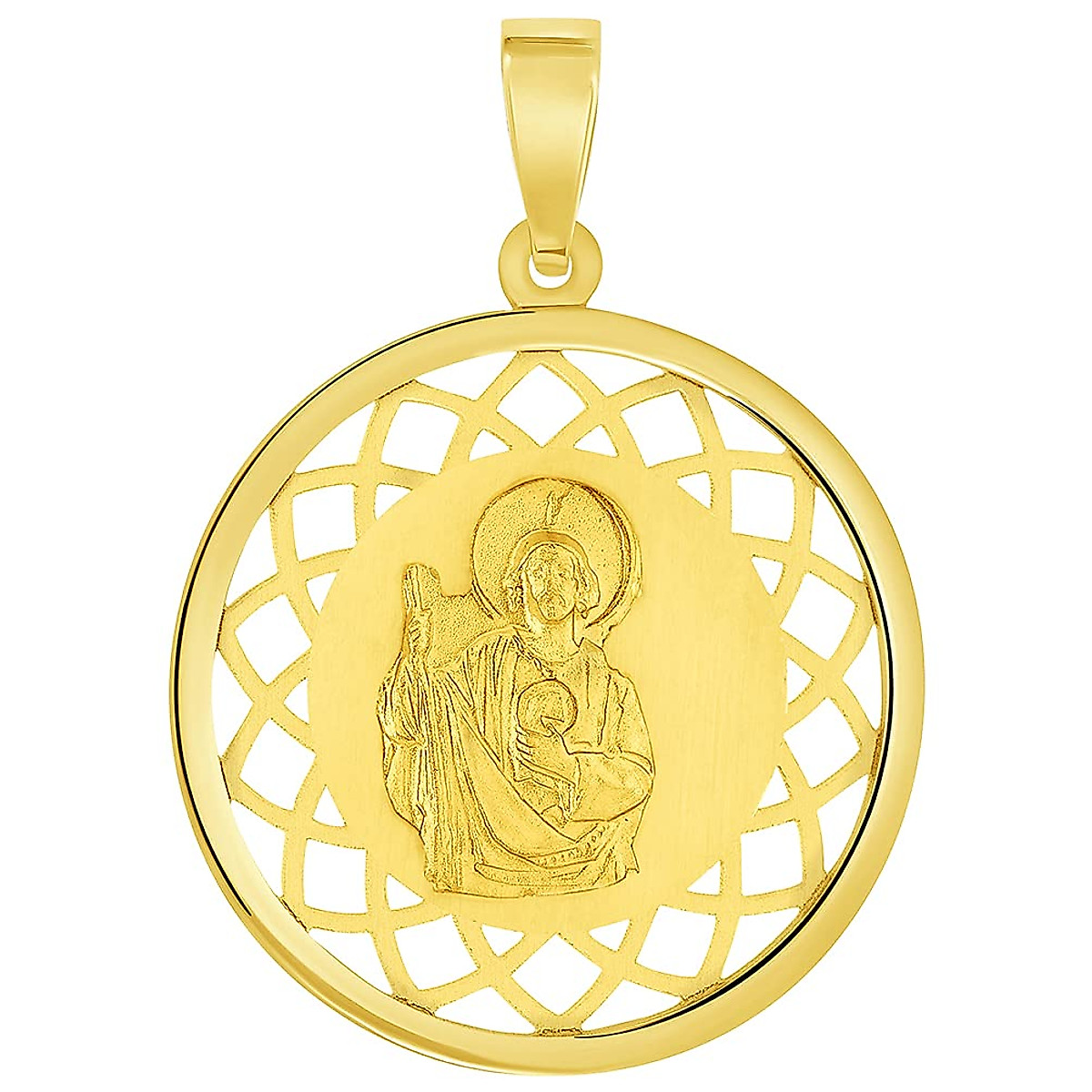 Jewelry America 14k Yellow Gold Round Open Ornate Medal of Saint Jude Thaddeus the Apostle Pendant