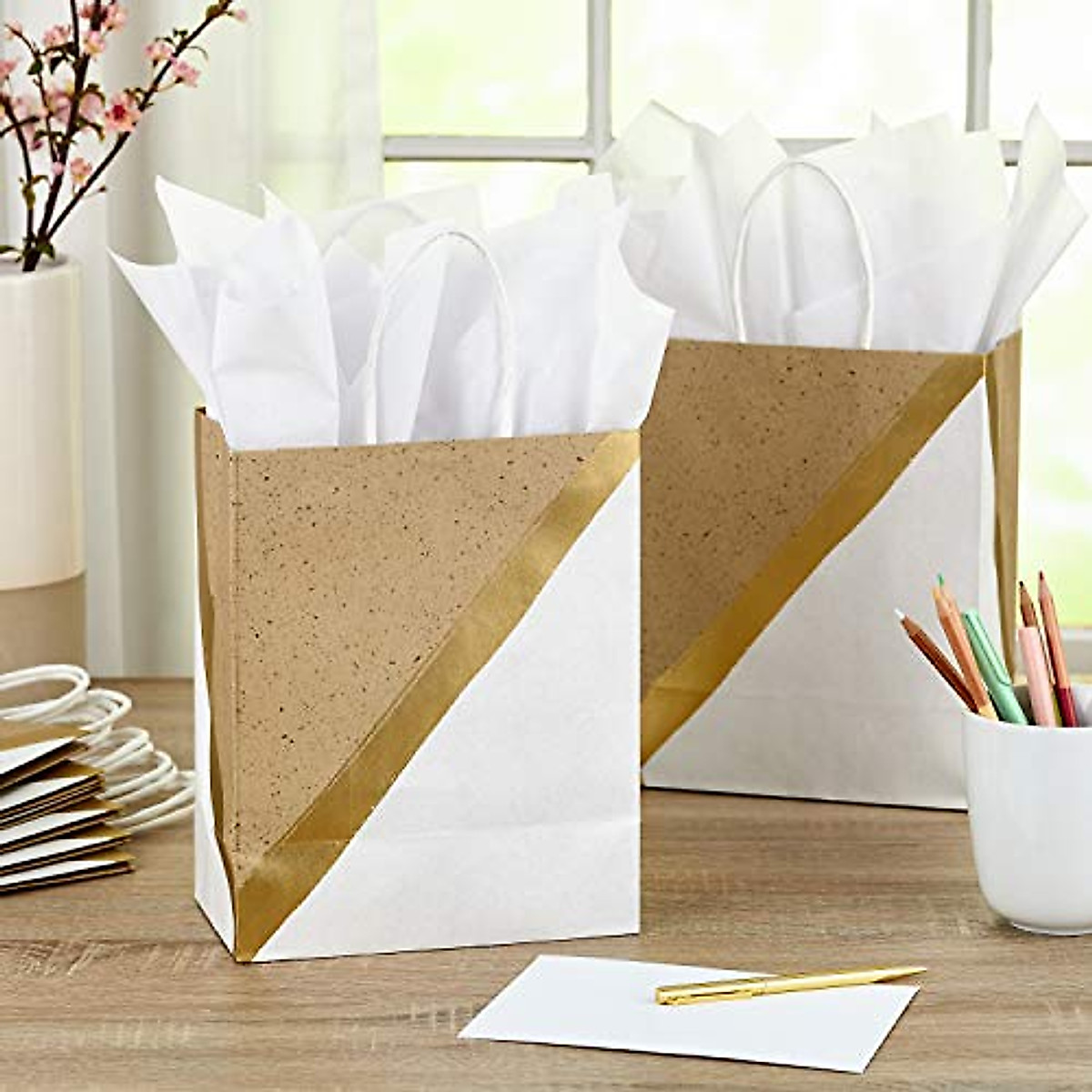 Hallmark 9" Medium Paper Gift Bags (8 Bags: White, Gold and Kraft) for Christmas, Birthdays, Weddings, Easter, Mothers Day, Graduations, Baby Showers, Bridal Showers, Care Packages