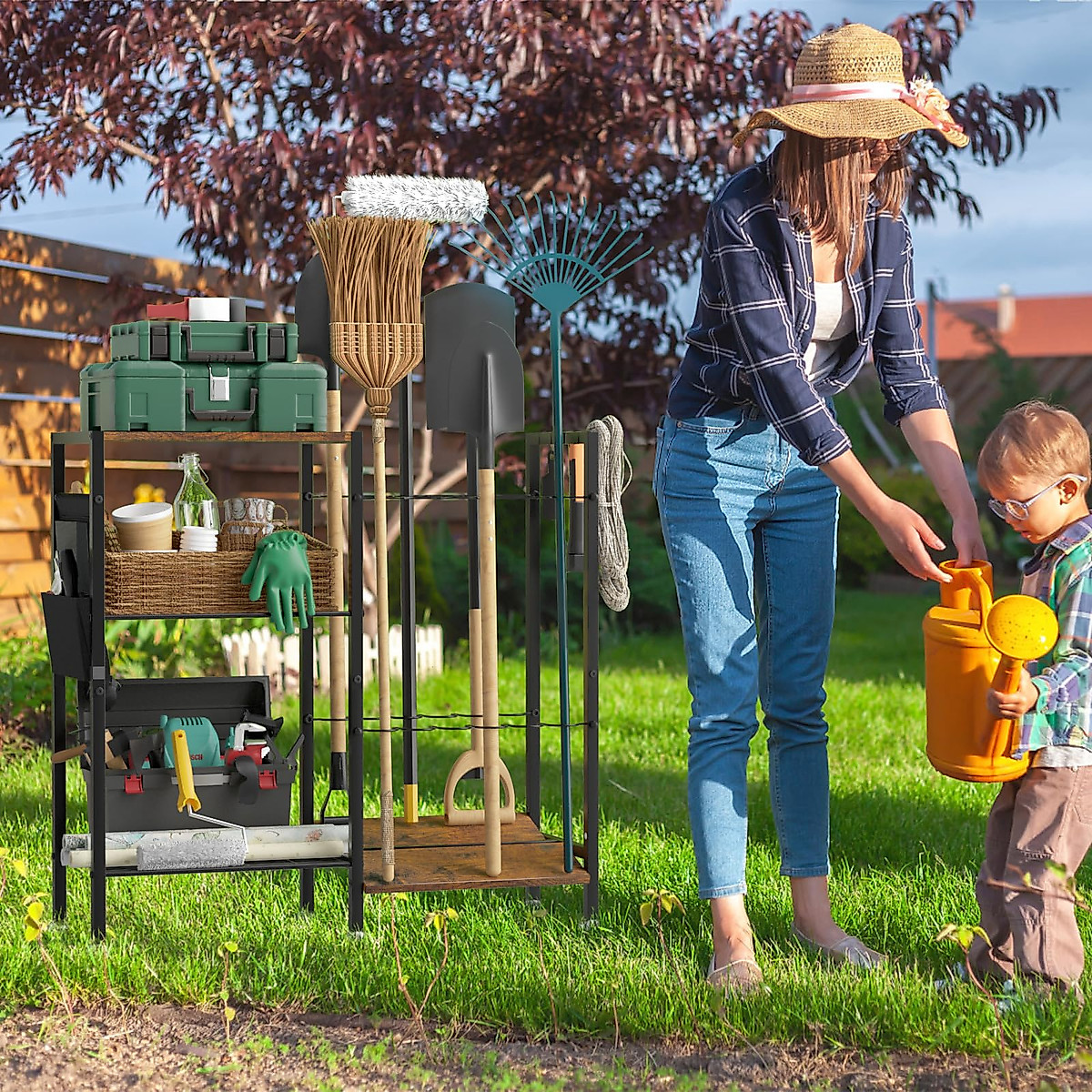 SHINOSKE Garden Tool Organizer with 3-Tier Shelves,Garden Tool Storage Rack with Wheels,Yard Tool Rack for Garage Organization and Storage,Hold Long-Handled Tool,Broom,Rake,3Hooks,Shed,Outdoor