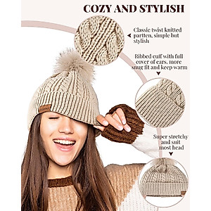 Alepo Womens Winter Beanie Hat, Warm Fleece Lined Knitted Soft Ski Cuff Cap with Pom Pom(Black+Oatmeal)