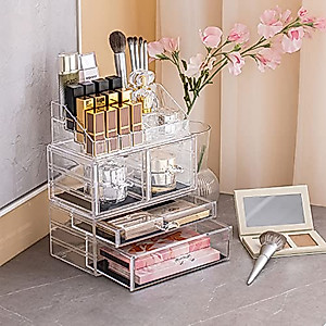 DreamGenius Makeup Organizer 3 Pieces Acrylic Cosmetic Storage Drawers Organizer for Vanity and Bathroom, Stackable Cosmetic Organizer Countertop with 4 Drawers