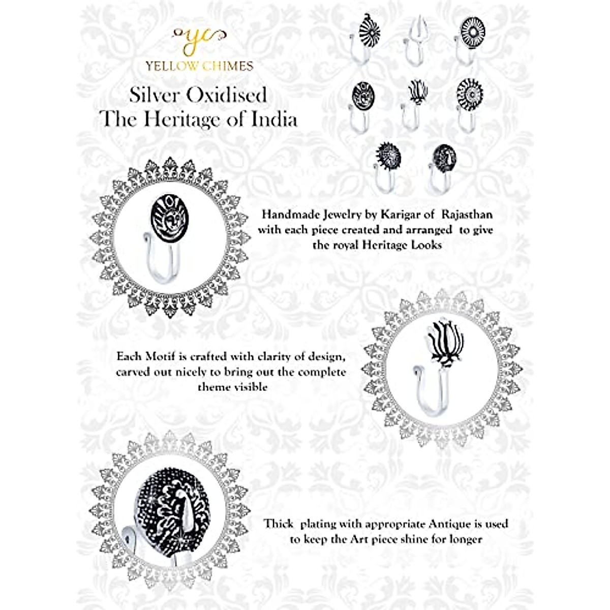 Yellow Chimes Antique Silver Oxidized 8 pcs combo set Ethnic Indian Traditional non-piercing Nose pin Jewelry for Women and Girls