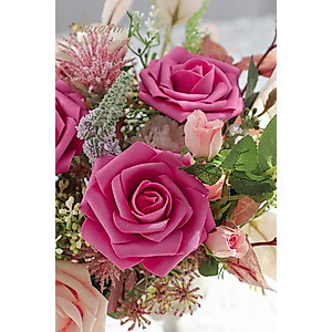 Floroom Artificial Flowers 50pcs Real Looking Hot Pink Foam Fake Roses with Stems for DIY Wedding Bouquets Baby Shower Centerpieces Floral Arrangements Party Tables Home Decorations