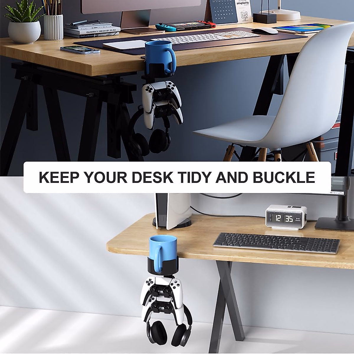 360° Rotating Controller Headphone Holder - Larger Desk Cup Holder with Adjustable Headset Hanger Controller Stand | Clamp On Desk Organizer | Gaming Pc Accessories
