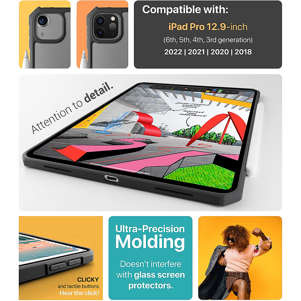 TineeOwl iPad Pro 12.9 inch Case 2022, 2021, 2020, 2018 (6th, 5th, 4th & 3rd Generation) Ultra Thin Matte Clear, Supports Apple Pencil Wireless Charging, Absorbs Shock (Black/Matte Back)